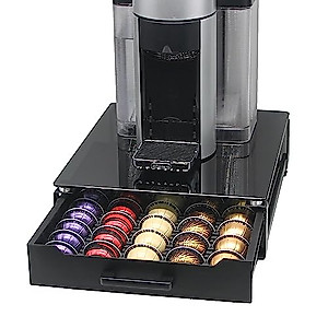 Vertuo Pod Holder Drawer with Deluxe Black Tempered Glass Top, Compatible for Nespresso VertuoLine Pods, Holds up to 75 Small or 50 Big Vertuo Pods Compact Design (Matte Black)