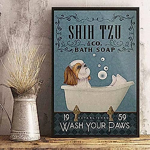Dog Metal Tin Sign Shih Tzu Co. Bath Soap Wash Your Paws Printed Poster Bathroom Toilet Living Room Home Art Wall Decoration 8inch X 12inch