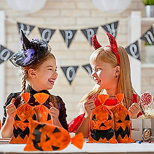Outus 150 Pieces Halloween Trick or Treat Plastic Candy Bags Jack-O-Lantern Pumpkin Bags Goody Tote Bag Party Favor Bags with Handles Party Favors(Orange with Black Accents)