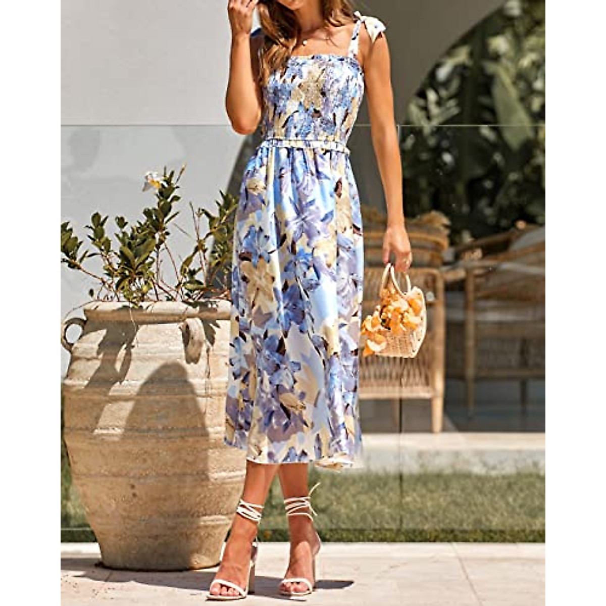 PRETTYGARDEN Women Summer Dresses 2023 Tie Strap Square Neck Smocked Ruffle Flowy Floral Print Boho Maxi Cocktail Dress(Floral White Blue,Large)