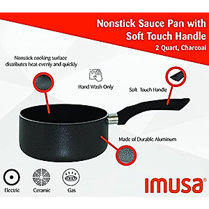 IMUSA USA 2 Quart Charcoal Exterior Sauce Pan with Nonstick Interior and Black Soft-Touch Handle