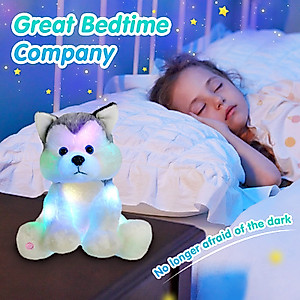 Houwsbaby Light up Husky Stuffed Animal Dog Floppy LED Plush Toy Puppy Night Lights Glow Pillow Birthday Gifts for Kids Toddler Girls, Gray, 11''