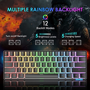 Mini Wireless 60% Dual Mode BT5.0/USB-C Wired Mechanical Gaming Keyboard with Pudding Keycaps Rainbow Backlit Ergonomic Rechargeable Anti-ghosting 61Key for PC Typist Mac Gamer(Black PBT/Red Switch)