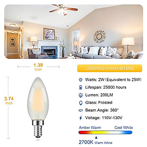 Candelabra LED Light Bulbs 25W Equivalent, E12 Base, 2700K Soft Warm White, Frosted E12 LED Bulb Dimmable, B11 Chandelier Light Bulbs, 2W, 200LM, Candle Light Bulbs, 4 Pack
