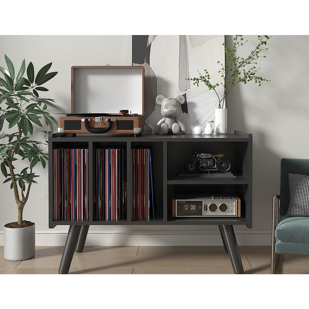 Record Player Stand with Vinyl Storage Holds Up to 300lb, Large Record Player Table Cabinet for Album Storage with Holder Vinyl Display Shelf, Wood Turntable Stand for Bedroom Living Room (Black)