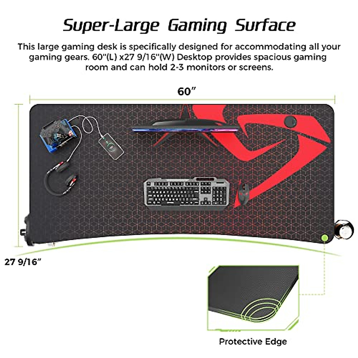 Eureka Ergonomic 60'' Gaming Desk, T-Shaped Carbon Fiber Surface Computer Desk with Free Mouse Pad,Large PC Gamer Desk Gaming Table with USB Handle Rack Cup Holder Headphone Hook,Black