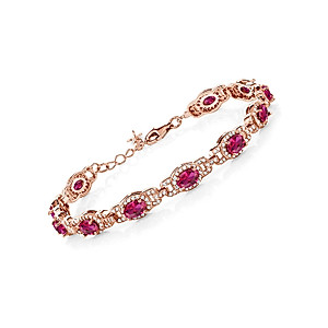 Gem Stone King 18K Rose Gold Plated Silver Red Created Ruby Tennis Bracelet For Women (14.60 Cttw, Oval 6X4MM, 7 Inch, With 1 Inch Extender)