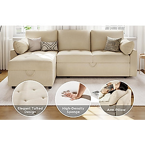 papababe Convertible Sofa Bed, Modern Tufted Sleeper Sofa, Pull Out Couch Bed with Chaise, Sleeper Sectional Sofa for Living Room (Chenille Beige)