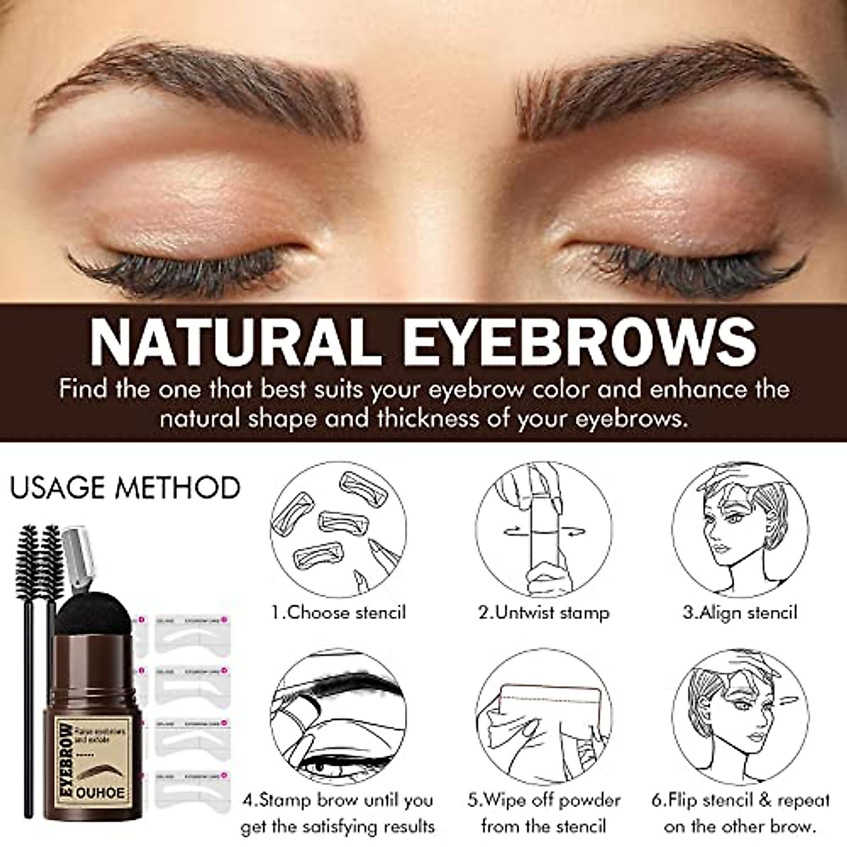 GIDEHOME Eyebrow Stamp Stencil Kit, One Step Eye Brown Eyebrow Powder Kit, Long Lasting Waterproof Eyebrow Makeup, Eyebrow Stencils Eyebrows Shape Reusable with 8 Reusable Eyebrow Stencils Dark Brown