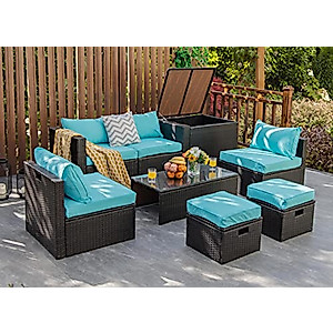 Tangkula 8 Piece Patio Furniture Set, Patiojoy Outdoor Space Saving PE Rattan Sectional Sofa Set for 6 with Waterpfoor Cover, for Garden, Deck, Poolside and Balcony (Turquoise)
