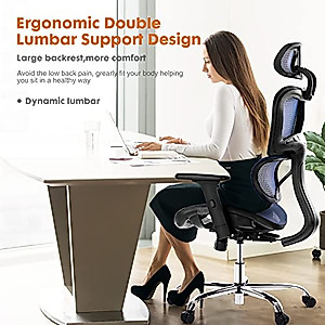 SMUG Ergonomic Large High Back Office Ergo3D Rolling Desk 4D Armrest,3D Lumbar Support,Adjustable Headrest,Breathable Mesh Computer Gaming Executive Swivel Chairs, Blue