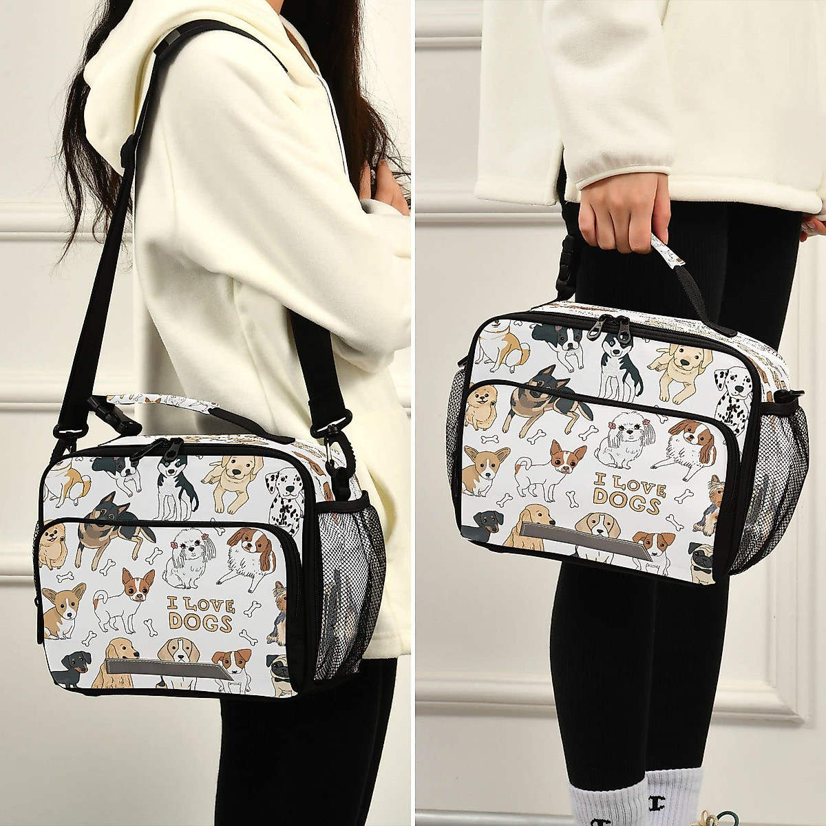 ALAZA Cute Dog Animal Doodle Lunch Bag Reusable Insulated Cooler Lunch Tote Bag With Adjustable Shoulder Strap For Office Work Picnic Travel,Size 11 X 4.33 X 9.05 Inch