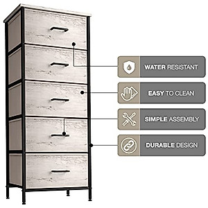 Sorbus Tall Fabric Storage Dresser - Stand Up Tower of 5 Drawers with Steel Frame, Wood Top, & Faux Wood Fabric - Great for Bedroom, Dorm, Closet, Living Room, Entryway - Narrow Nightstand Organizer