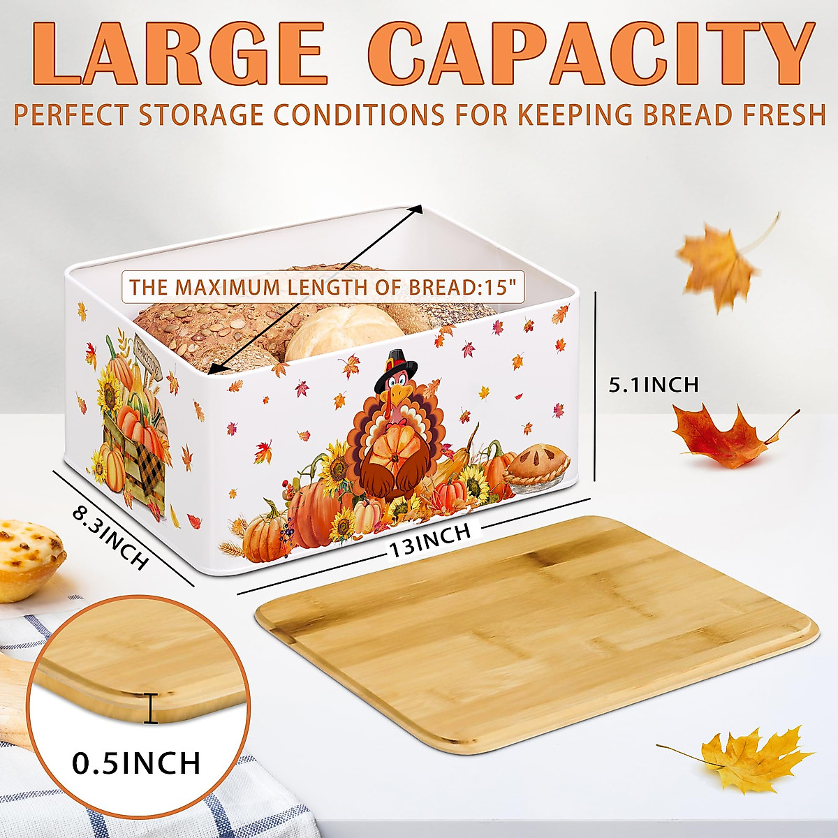 Thanksgiving Bread Box with Bamboo Cutting Board Lid, Modern Metal Bread Storage Container, Farmhouse Thanksgiving Turkey Decorations Table Decor for Dining Room, Thanksgiving Gifts for Women