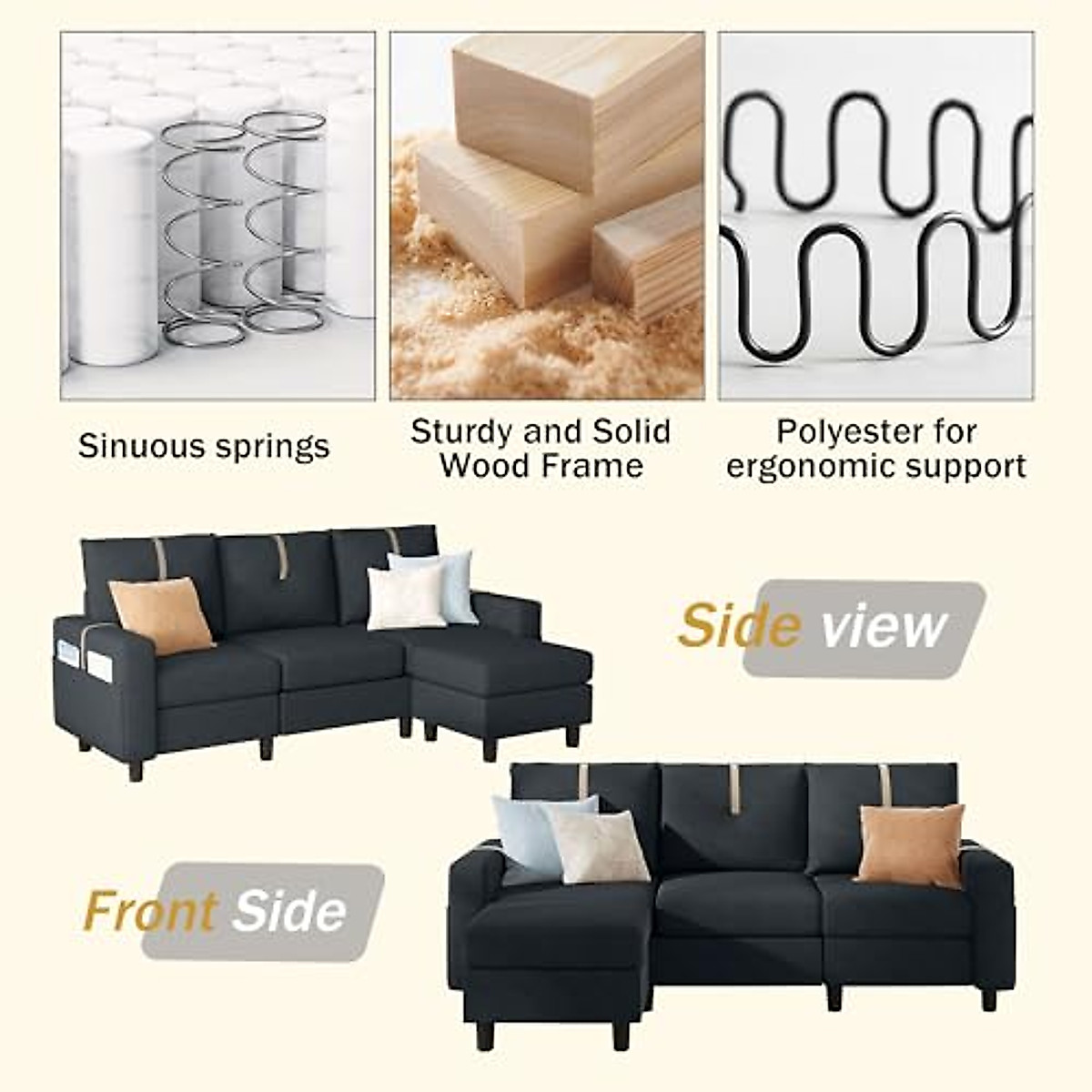 Pingliang Home 80" Sectional Sofas for Living Room, 3 Seat L Shaped Couch with Reversible Ottoman, Modern Linen Fabric Small Sectional Couch for Apartment Small Space, Dark Grey