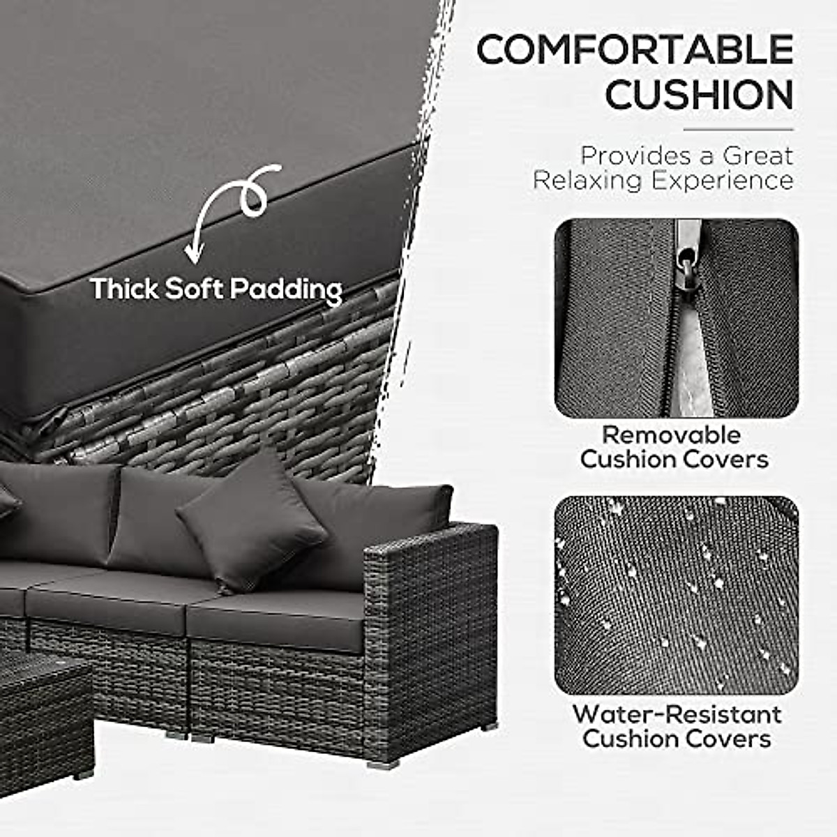 Outsunny 6 Pieces Patio Furniture Sets Outdoor Wicker Conversation Sets All Weather PE Rattan Sectional Sofa Set with Ottoman, Cushions & Tempered Glass Desktop, Charcoal