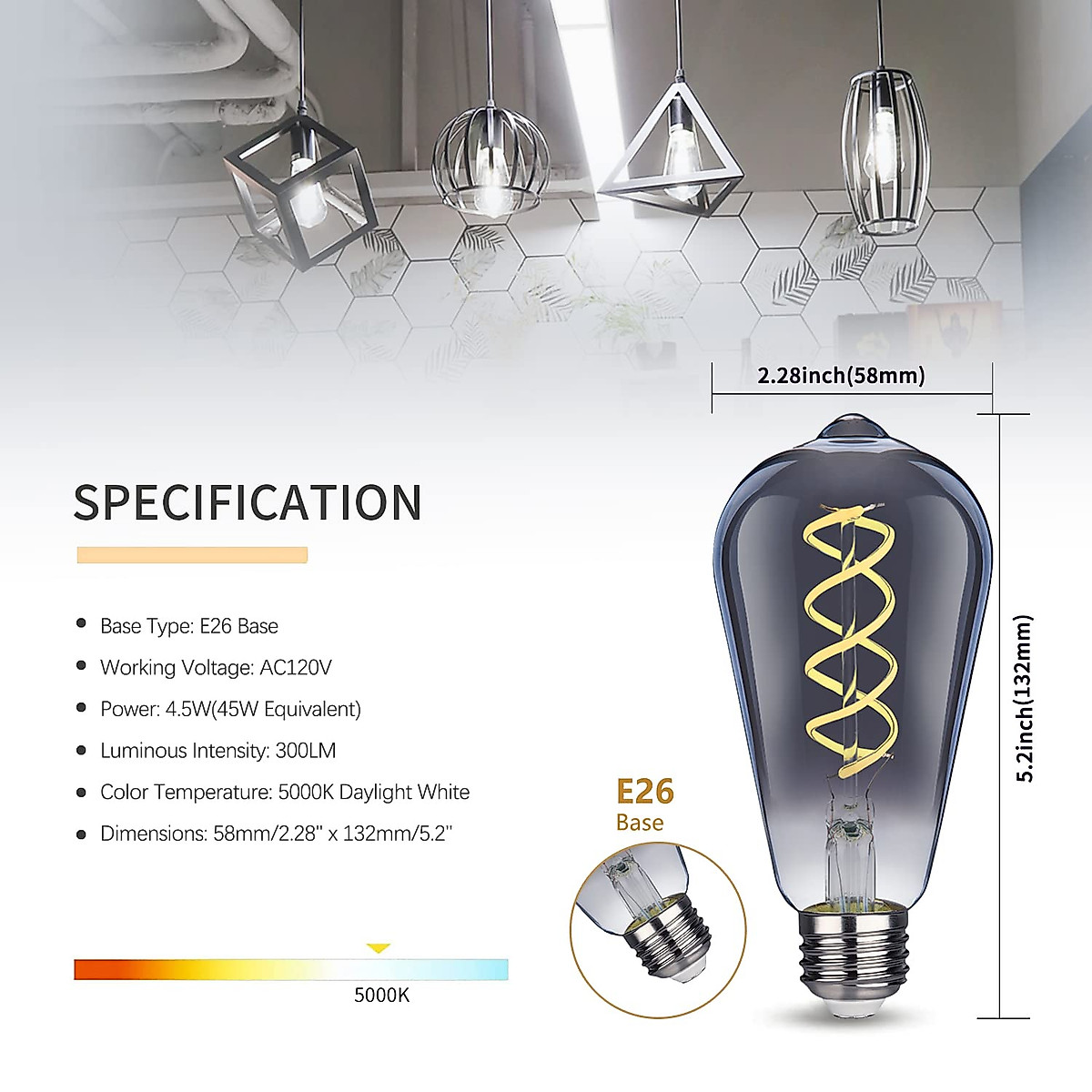 Austin Coast ST19/ST58 Vintage LED Edison Bulb,4.5W Daylight 5000K,Dimmable Flexible Spiral LED Filament Light Bulb with Smoky Grey Glass，4.5W Equivalent to 45W, E26 Base(4.5W-5000K-6 Pack)