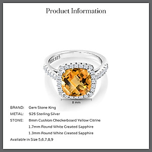Gem Stone King 925 Sterling Silver Yellow Citrine and White Created Sapphire Engagement Ring For Women (2.50 Ct Cushion Checkerboard, Gemstone Birthstone, Available In Size 5, 6, 7, 8, 9)