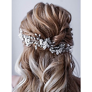 Unicra Bride Flower Wedding Hair Vine Pearls Bridal Hair Piece Crystal Hair Accessories for Women and Girls (Silver)