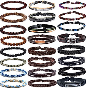 SONNYX 24 PCS Braided Leather Bracelet for Men Women Cool Woven Wrist Cuff Bracelets Hemp Cords Wooden Beads Ethnic Tribal Handmade Wrap Adjustable Wristband Bracelets