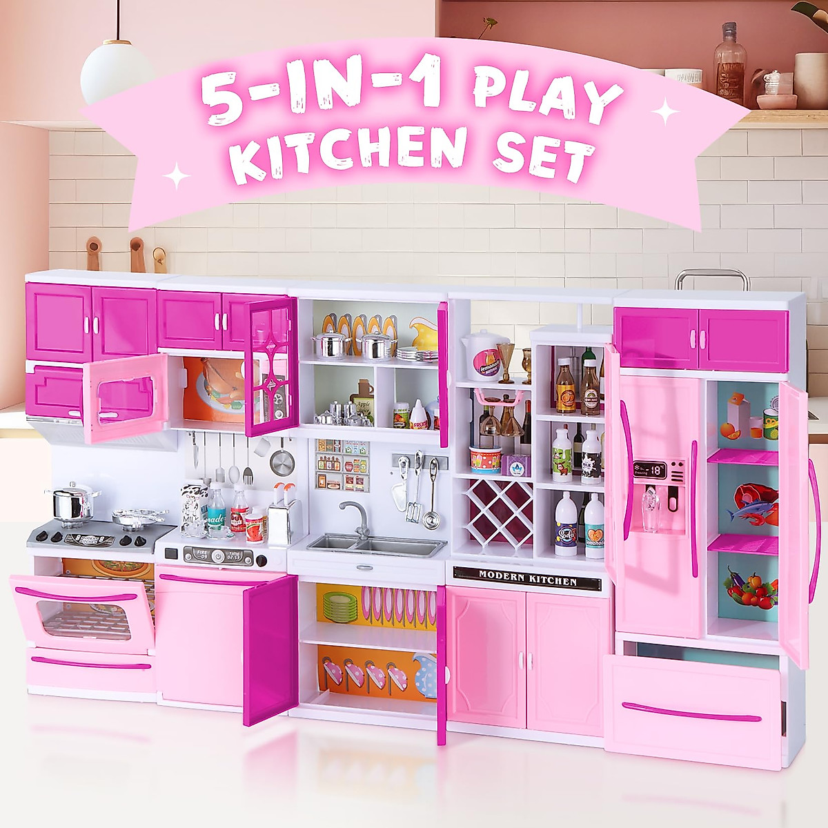 Mastom Kitchen Playset for Girls, Play Kitchen Toys for Dolls with Realistic Lights & Sounds, 56PCS Kids Pretend Play Kitchen Toy Accessories, Gifts for Toddlers Girls 3 4 5 6 Year Old