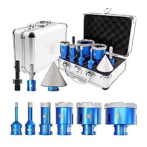 Diamond Core Drill Bit Set for Porcelain Tile Ceramic Marble Granite Drilling,BRSCHNITT 9pcs Vacuum Brazed Diamond Hole Saw with 5/8-11 Thread （1/4" 3/8" 4/5" 1-3/8" 2" 2-1/2"）