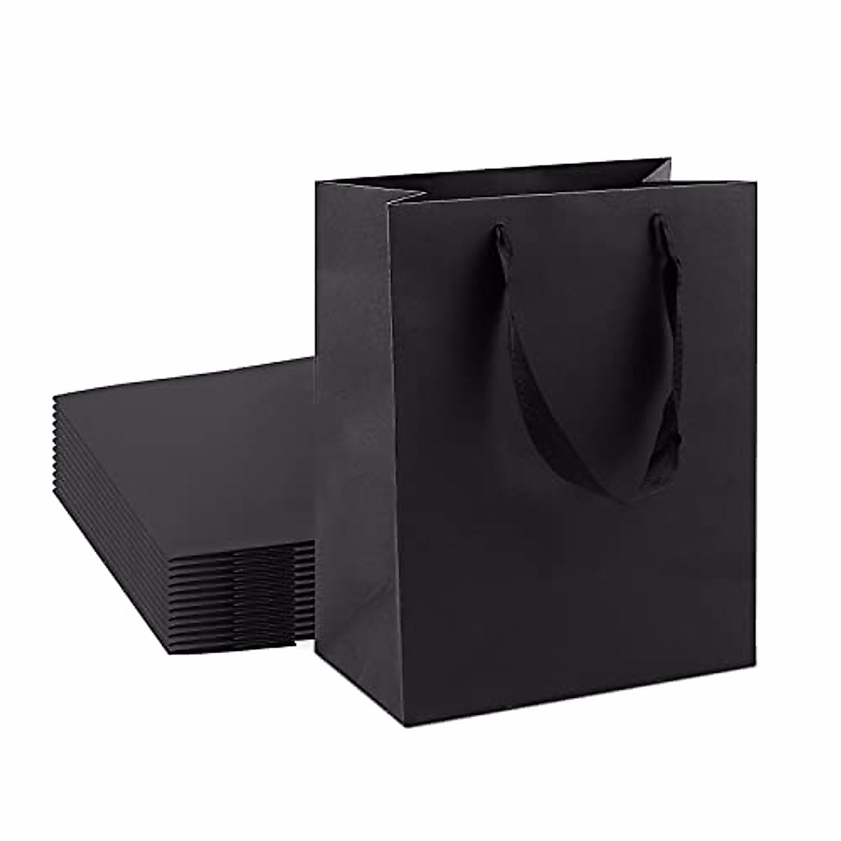 24 pcs Kraft Gift Bags Bulk Meduim Size 8"x4.75"x10", Black Kraft Paper Shopping Bags with Ribbon Handles, Party Favor Bags, Shopping Bags, Retail Bags, Wedding Bags, Merchandise Business Bags