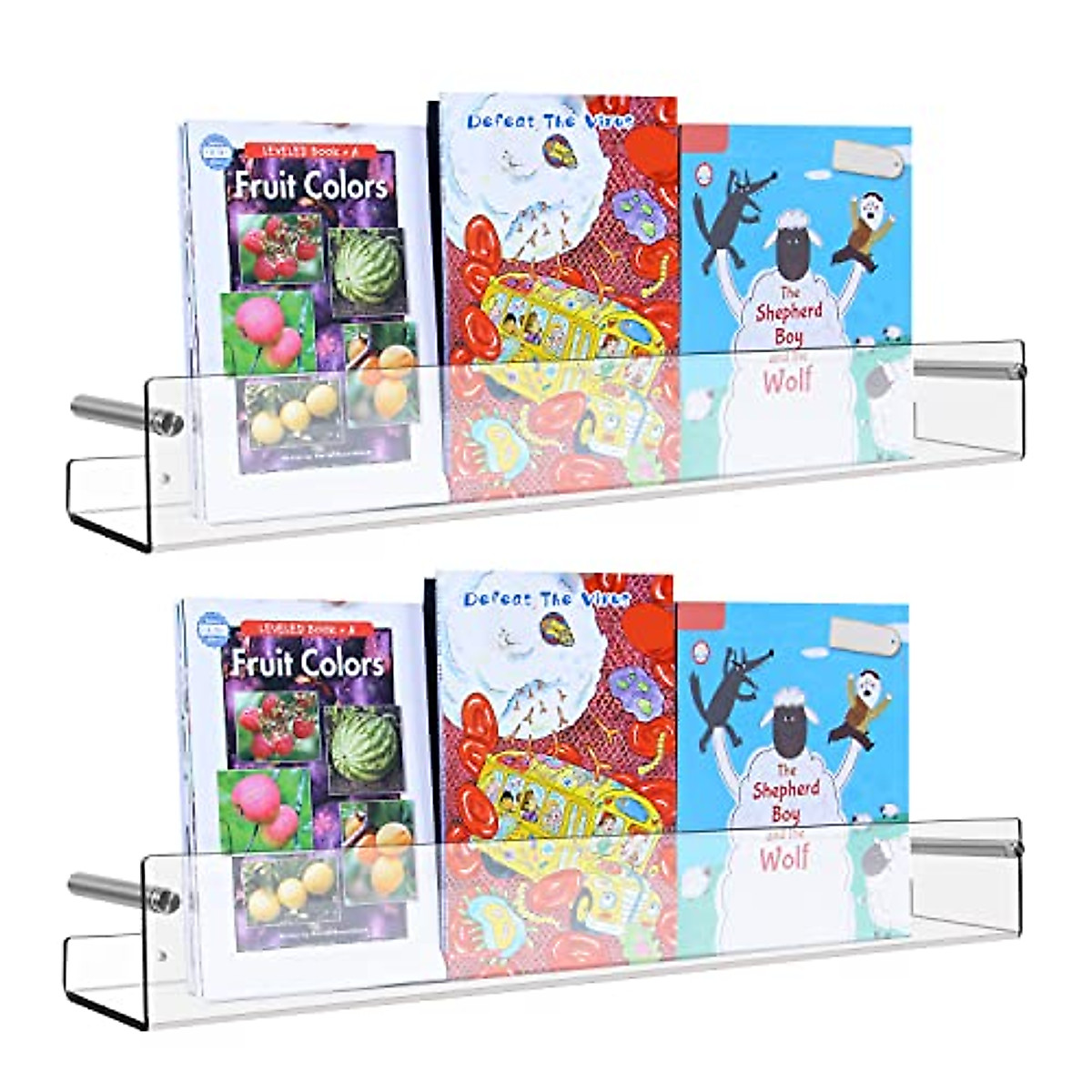 KDCMXS High Front Lip 24 Inch Acrylic Bookshelf,Nursery Book Shelves,Acrylic Shelves for Wall,Invisible Bookshelf,Acrylic Bathroom Shelves,50% Thicker Clear Acrylic Shelf for Kids Room Set of 2.