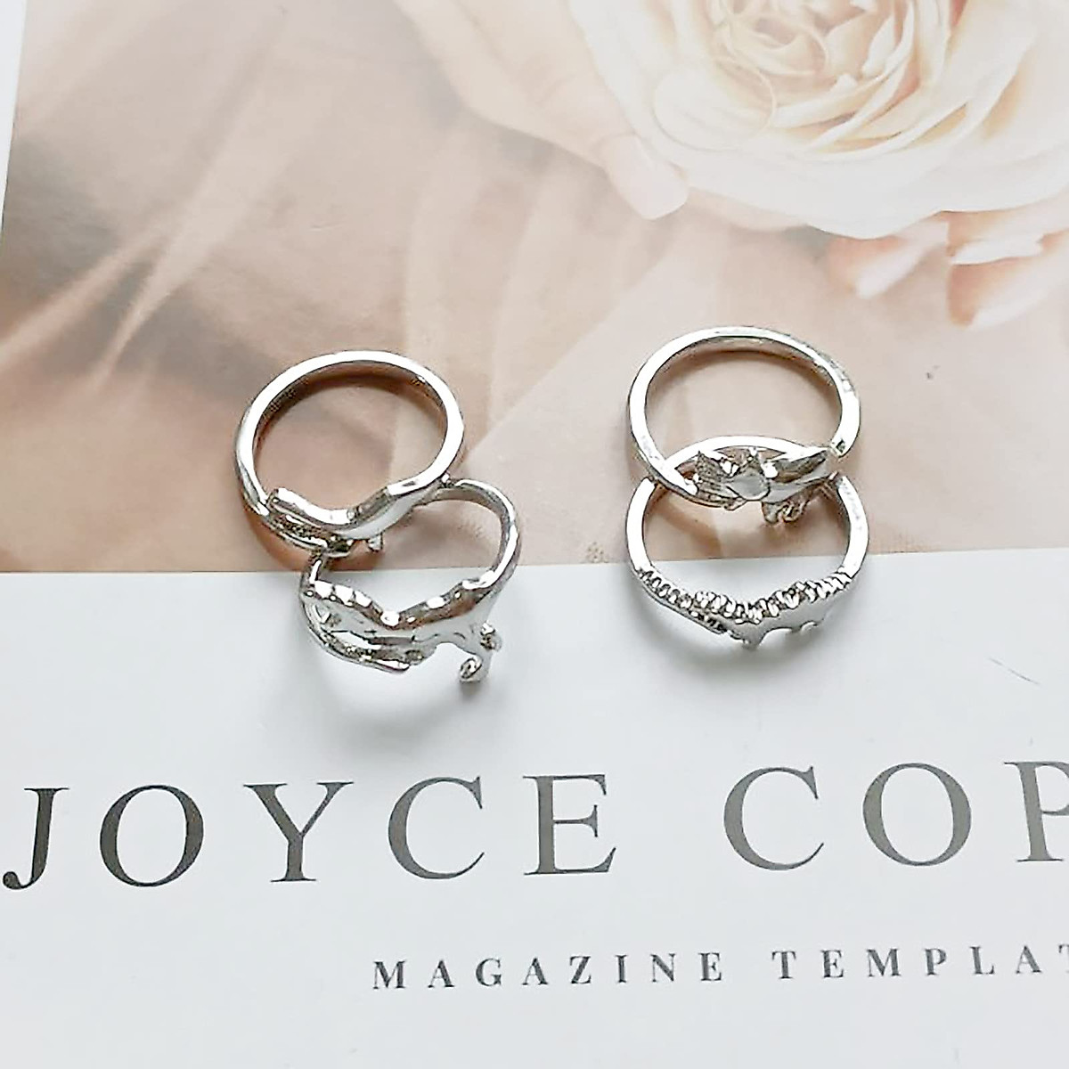 Vangelady 4 Pcs Dinosaur Rings Sets Jurassic Era Dinosaur Statement Ring Adjustable Knuckle Band Jewelry for Women Men Girls, Silver C