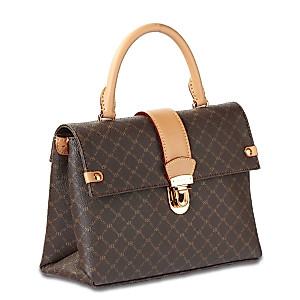 Rioni Signature Brown ST-20296 Lulu Canvas Leather Mini Top Handle Carrier Handbag Shoulder Bag