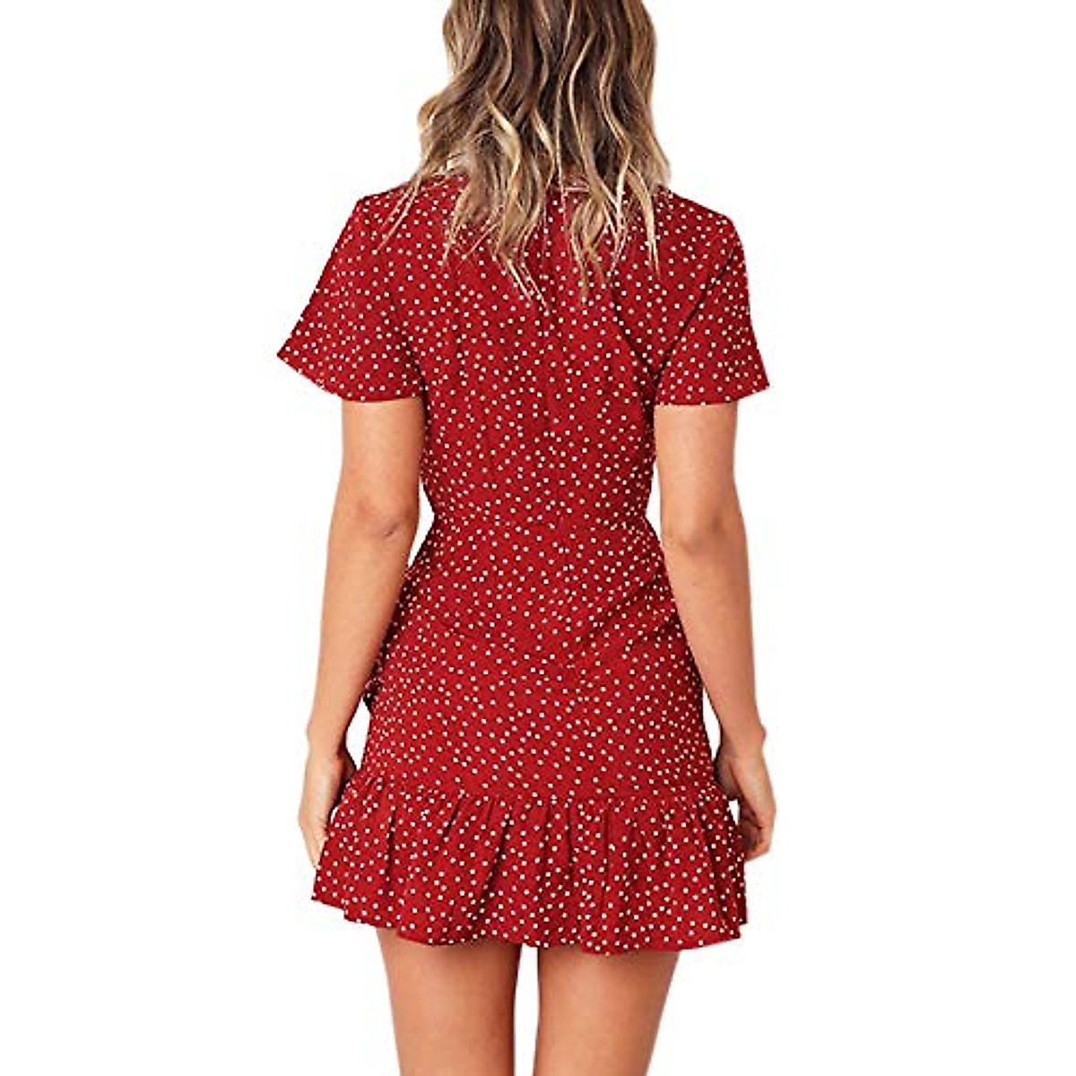 Women's Summer Short Sleeve Wrap Dress Polka Dot Floral Print V Neck Waisted Layer Ruffle Hem Mini Dresses (Red, Medium)