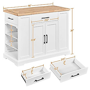 Yaheetech Rolling Kitchen Island Cart with 3 Drawers, Kitchen Storage Cabinet on Wheels with Open Shelves and Inner Adjustable Shelves for Dinning Room/Living Room, Thicker Rubberwood Top, White