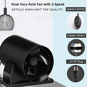 Hose Vary 4 inch Duct Exhaust Fan, Exhaust Intake Fans, ABS Lightweight 2-Speed Inline Fan w/Removable Stand US Cord for Laser Printer Booth, Attic, Kitchen, Garage, Basement (2-Speed)