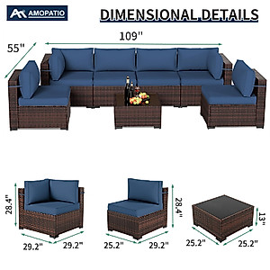 Amopatio Patio Furniture Set 7 Pieces Patio Conversation Set Outdoor Sectional Wicker Rattan Sofa with All-Weather Cover, Patio Furniture with Pillows Fits Porch Garden Backyard Balcony (Navy)