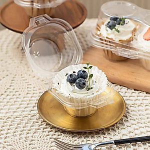 LOKQING 100 Pcs Cupcake Boxes Plastic Individual Cupcake Containers Single Cupcake Carrier with Connected Airtight Dome Lid for Party