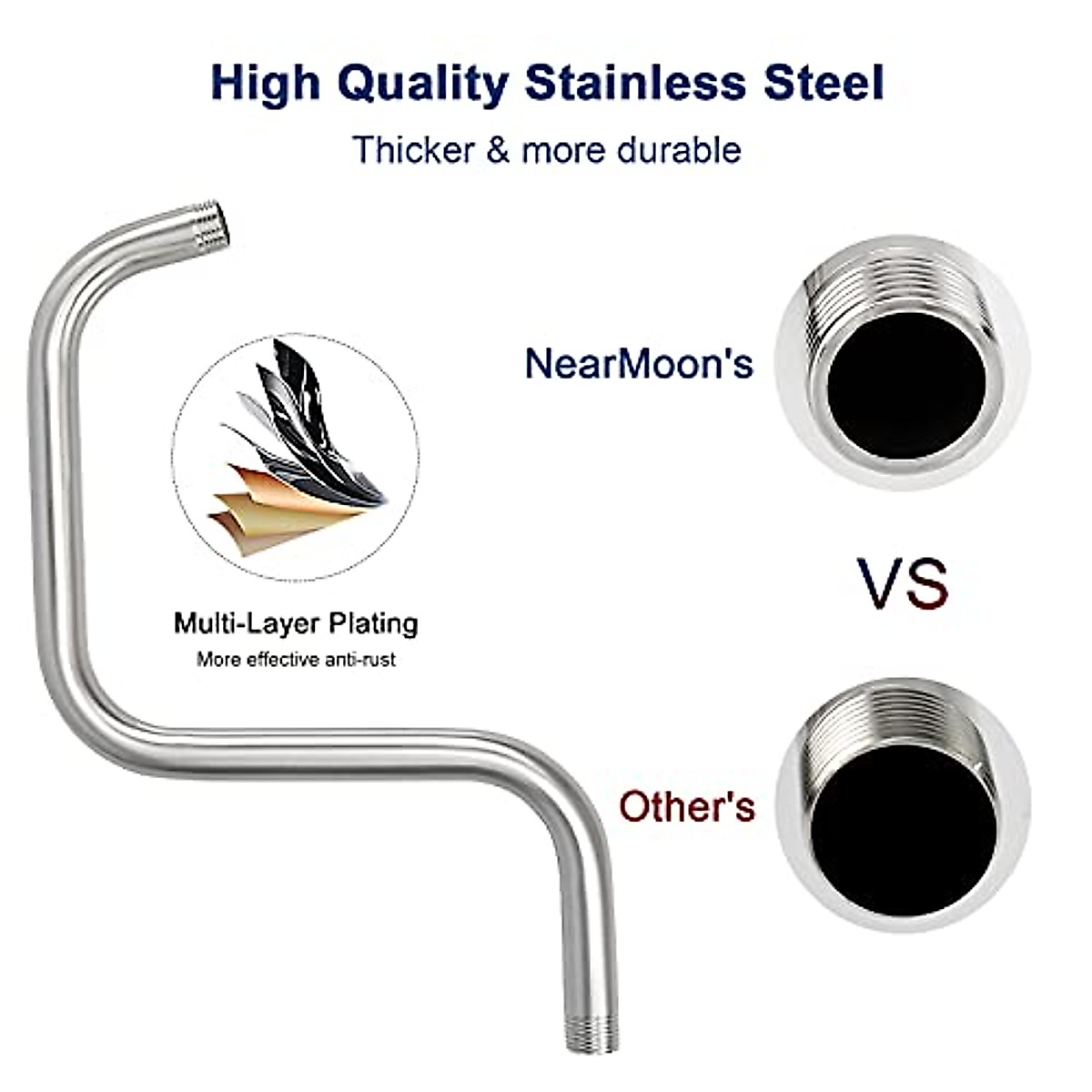 NearMoon S Shape Shower Extension Arm with Flange, Stainless Steel High Rise Shower Head Extender Pipe, Horizontal Extension Standard 1/2" Connection- Bathroom Accessory, 13 Inch (Brushed Nickel)