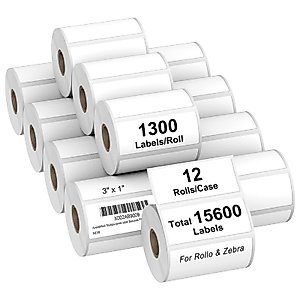 AveneMark 12 Rolls 3" x 1" Direct Thermal Labels for Barcodes Postage Address Shipping Labels Compatible with Rollo & Zebra Desktop Printers Adhesive - 1300Pcs/Roll