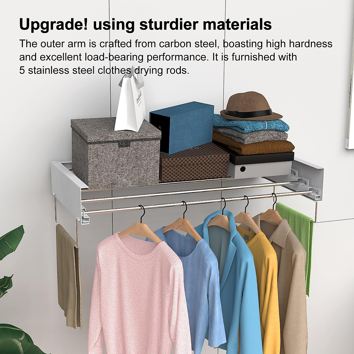 Gorblos Wall Mounted Drying Rack, Foldable Laundry Rack, Collapsible Drying Rack, 5 Stainless Rods, Wall Mounted Clothing Rod with 2 Towel Bar, 90 lb Capacity, 31.5" White