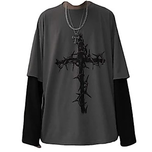 Goth Shirt Gothic Shirt Fake Two-Piece Alternative Clothing Goth Long Sleeve Top Grunge Clothes (Gray,M,Medium)