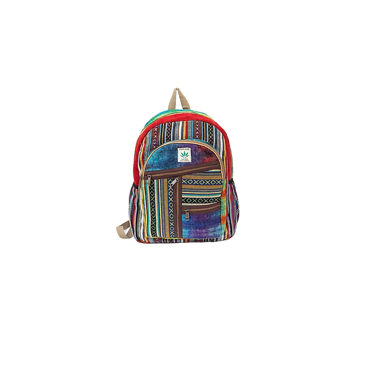 Hemp Backpack | 100% Pure Hemp - All Natural Handmade Multi Pocket Large Laptop Backpack | Travel Backpack - for Women and Men | Laptop Sleeve -Water Bottle Pockets | Boho Hippie - Rainbow