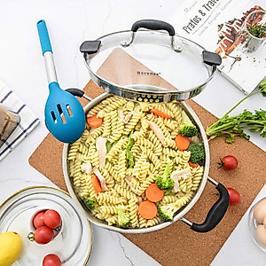 Rorence Stainless Steel Stock Pot with Lid: 6 Quart Stockpot Pasta Pot with Two Side Spouts, capsule Bottom, Strainer Glass Lid