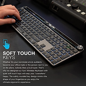 JLab Epic Wireless Keyboard, Black, 108 Keys, Connect Via Bluetooth or USB Wireless Dongle, Multi-Device Toggle, Soft Touch Keys, Smart Media Knob, Custom User Profiles, Rechargeable (1 Pack)