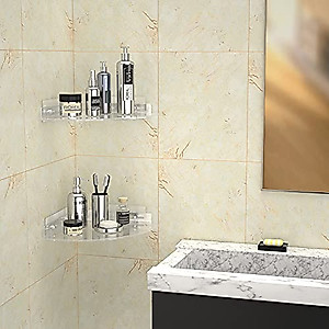 2-Pack Adhesive Shower Shelves, Acrylic Bathroom Corner Shelf, Clear Floating Storage Organizer, Wall Mounted No-Drilling Shower Caddy for Kitchen, Toilet, Shampoo, and Dorm.