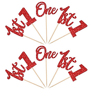 24 PCS One Cupcake Toppers Glitter 1st Birthday Cupcake Picks Number 1 First Birthday One Cake Decorations for Baby Shower Kids 1st Birthday Anniversary Party Supplies Red