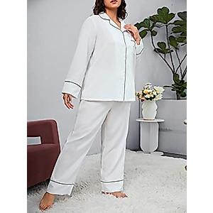 WDIRARA Women's Plus Size Letter Print 2 Piece Satin Pajama Set Silk Shirt and Pants Sets White 1XL