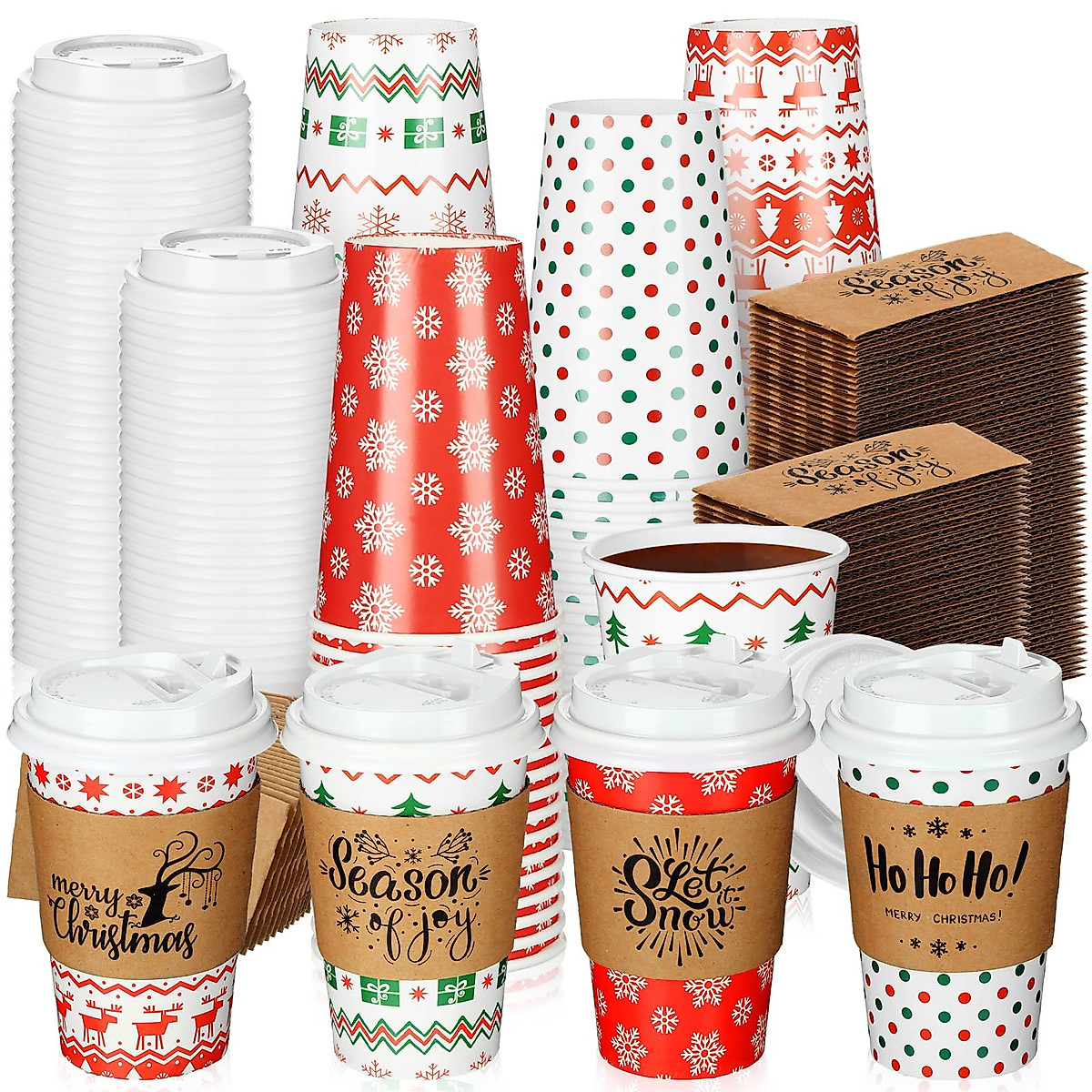 Suttmin 300 Pcs Christmas Disposable Coffee Cups with Lids and Sleeves 12 Oz Christmas Paper Cups Christmas Drinking Cups Hot Cocoa Chocolate Cups Party for Xmas Holiday Daily Holiday (Classic Style)