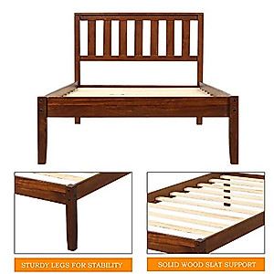 SOFTSEA Twin Bed Frame with Headboard, Farmhouse Kid's Platform Bed Frame with Wood Slat Support, Walnut
