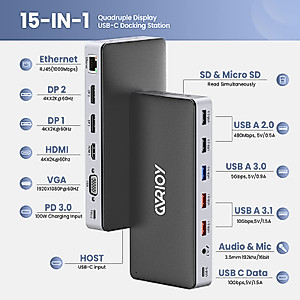USB C Laptop Docking Station, 15 in 1 Triple Display Multiport Adapter 3 Monitors Dock with Dual DP, HDMI, VGA, USB C/A, RJ45, SD/TF, Mic/Audio, PD Compatible for MacBook/Dell/HP/Lenovo Laptops
