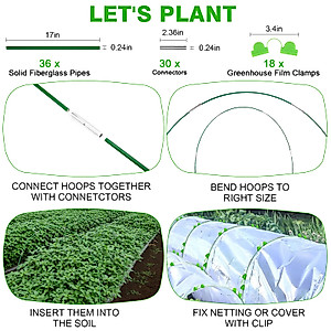 Garden Hoops for Raised Beds Wide, 36pcs 8ft Garden Tunnel Hoops for Row Cover Netting, Greenhouse Support Hoops Grow Tunnel Garden Bed Stakes, Flexible Fiberglass DIY Plant Hoops Outdoor, 24pcs Clips