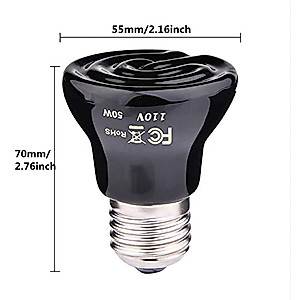 Qixivcom 2-Packs 50W Black Ceramic Heat Lamp Mini Reptile Heat Lamp Bulbs E26/E27 Infrared Reptile Heat Emitter Heater Lamp Bulb No Light Lamps for Lizard Brooder Coop Aquarium Habitat Lizard Turtle